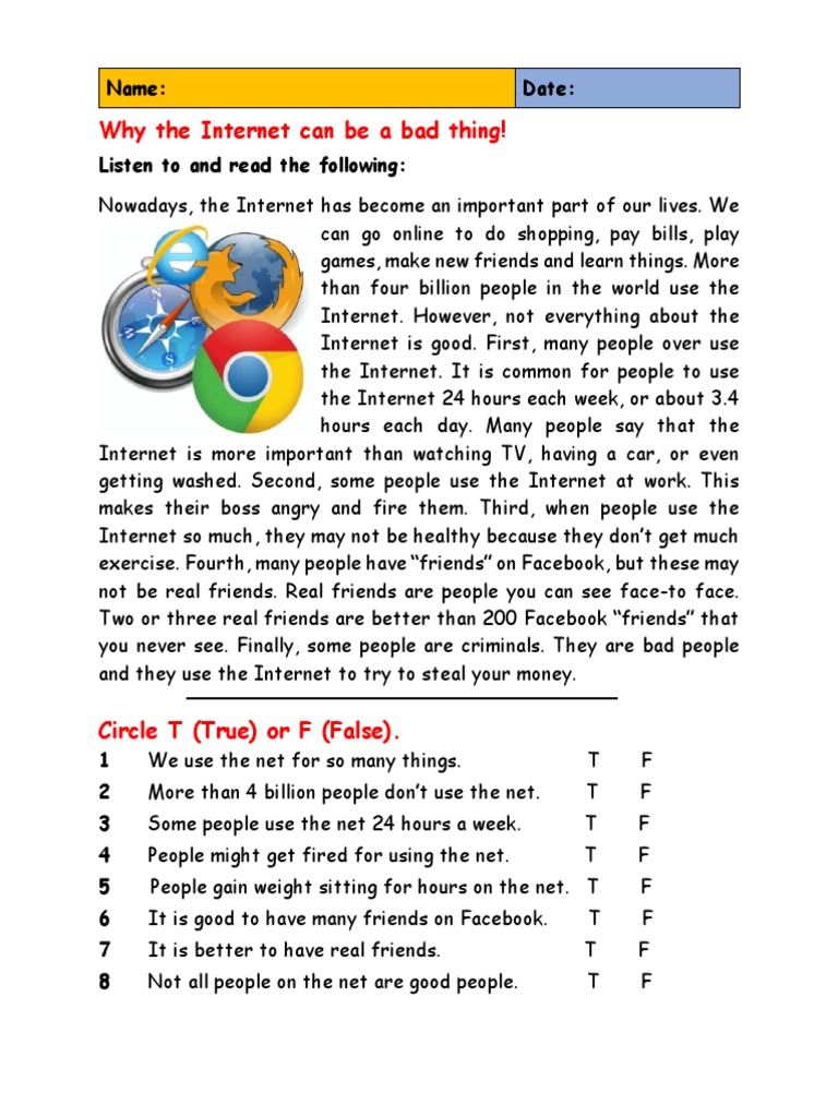 Why The Internet Can Be A Bad Thing Reading Comprehension Exercises ...
