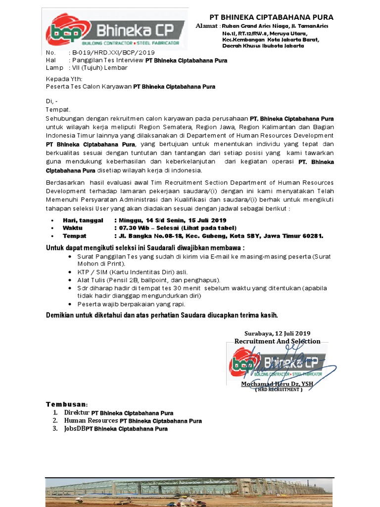 Surat Undangan Interview PT Bhineka Ciptabahana Pura - Surabaya PDF | PDF