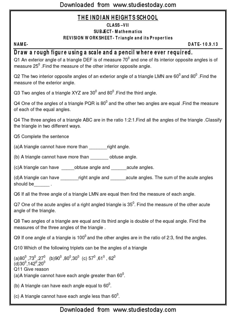 CBSE Clas 7 Maths Worksheet - Triangle and Its Properties PDF | PDF