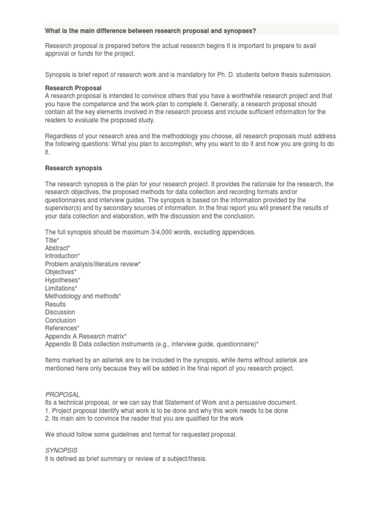 1 Pg..difference Betwen Proposal and Synopsis | PDF