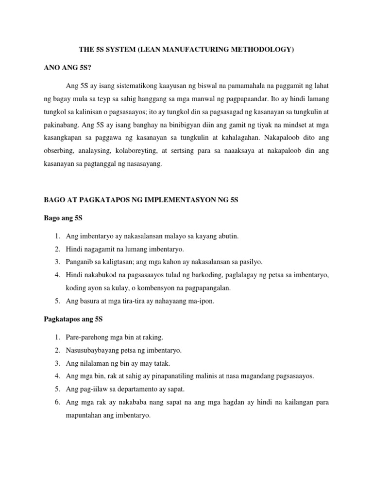 The 5S System (Lean Manufacturing Methodology) | PDF