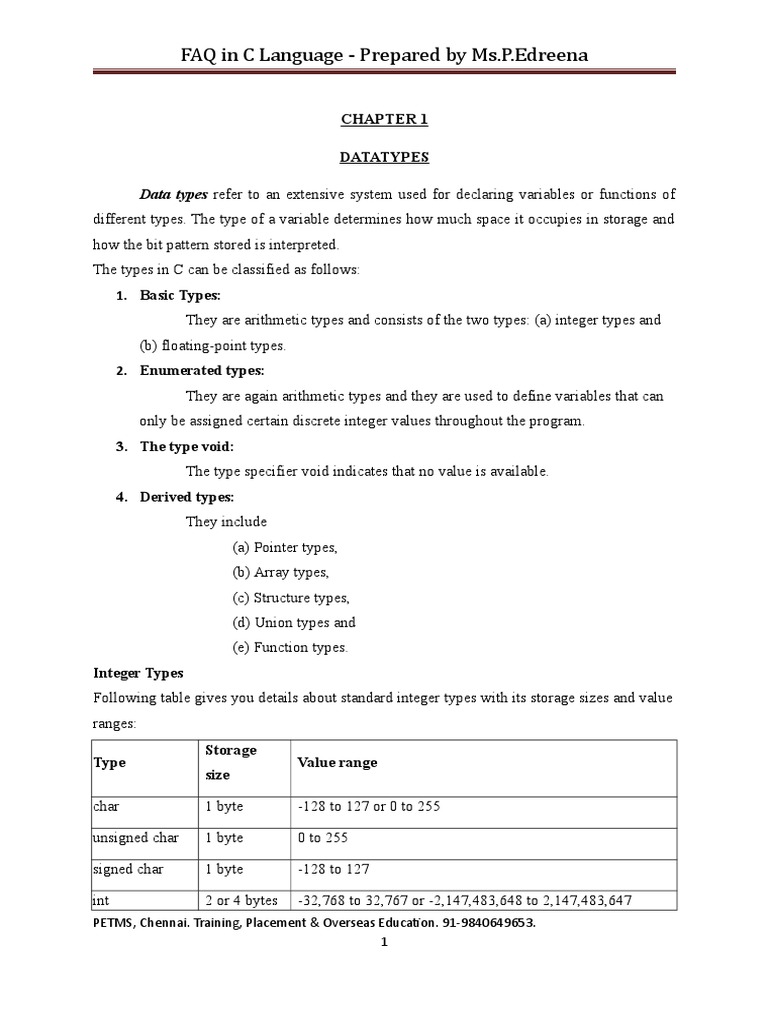 FAQs in C Language | PDF | Data Type | C (Programming Language)