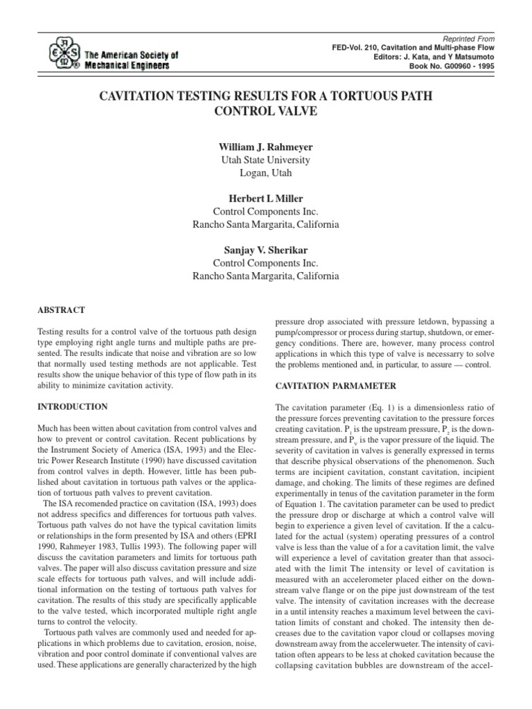 Cavitation Testing Result For A Tortuous Path Control Valve | PDF ...