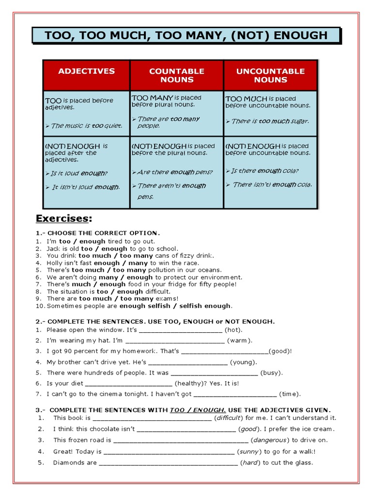 Too or Enough Practice Grammar Drills | PDF