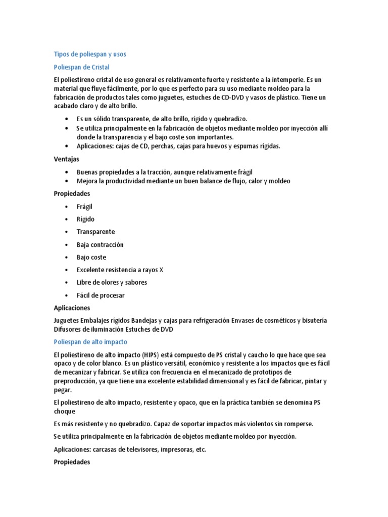 Tipos De Poliespan Y Usos Pdf Poliestireno Materiales De Construcción