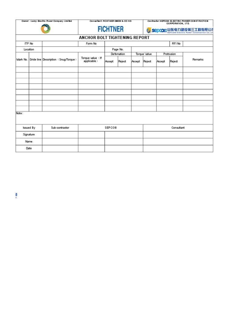 Anchor Bolt Tightening Report | PDF