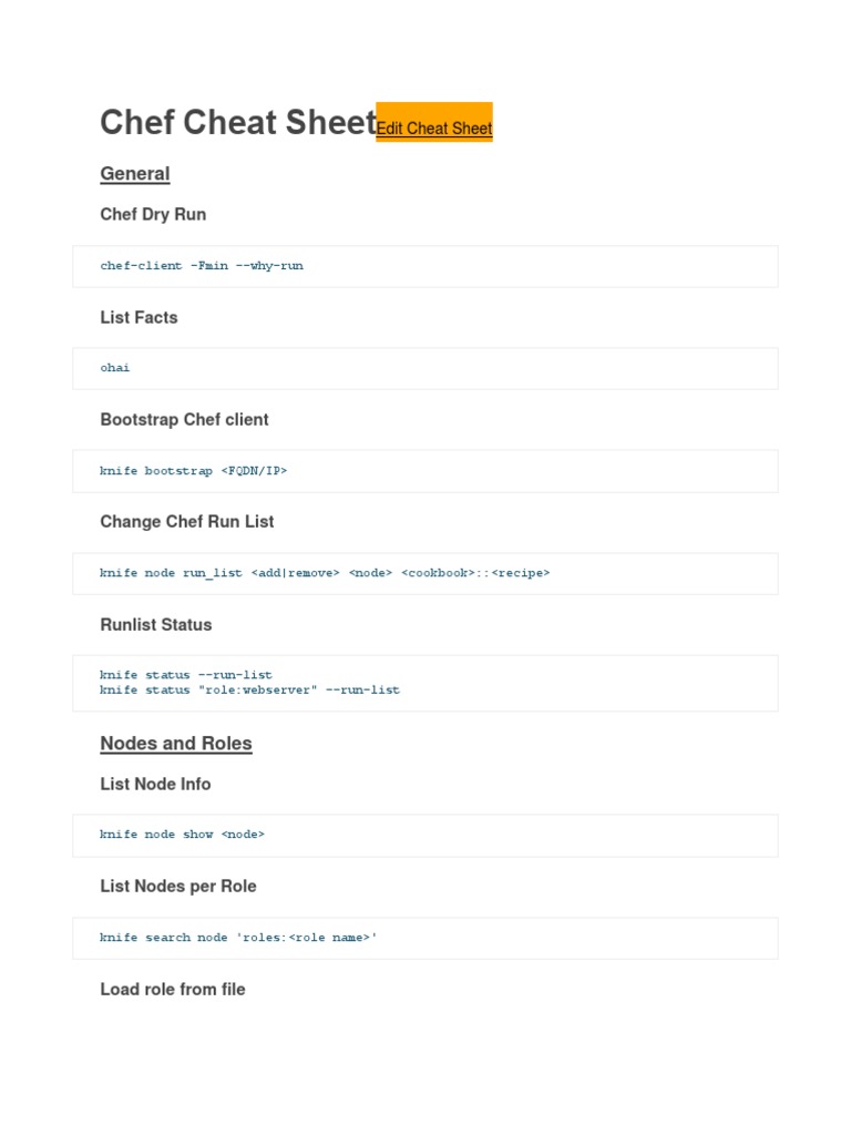 Chef Commands Cheat Sheet | PDF | Teaching Methods & Materials ...