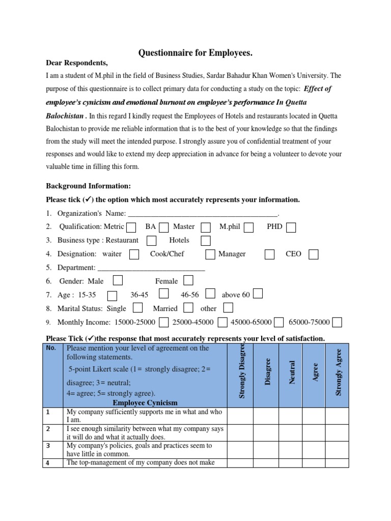 Questionnaire For Employees of Hotels | PDF | Likert Scale ...