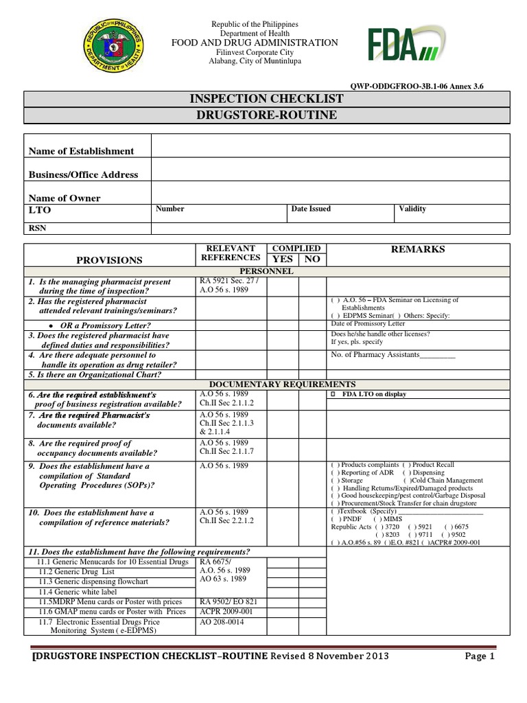 Drugstore Inspection Checklist - Routine PDF | PDF | Pharmacy ...