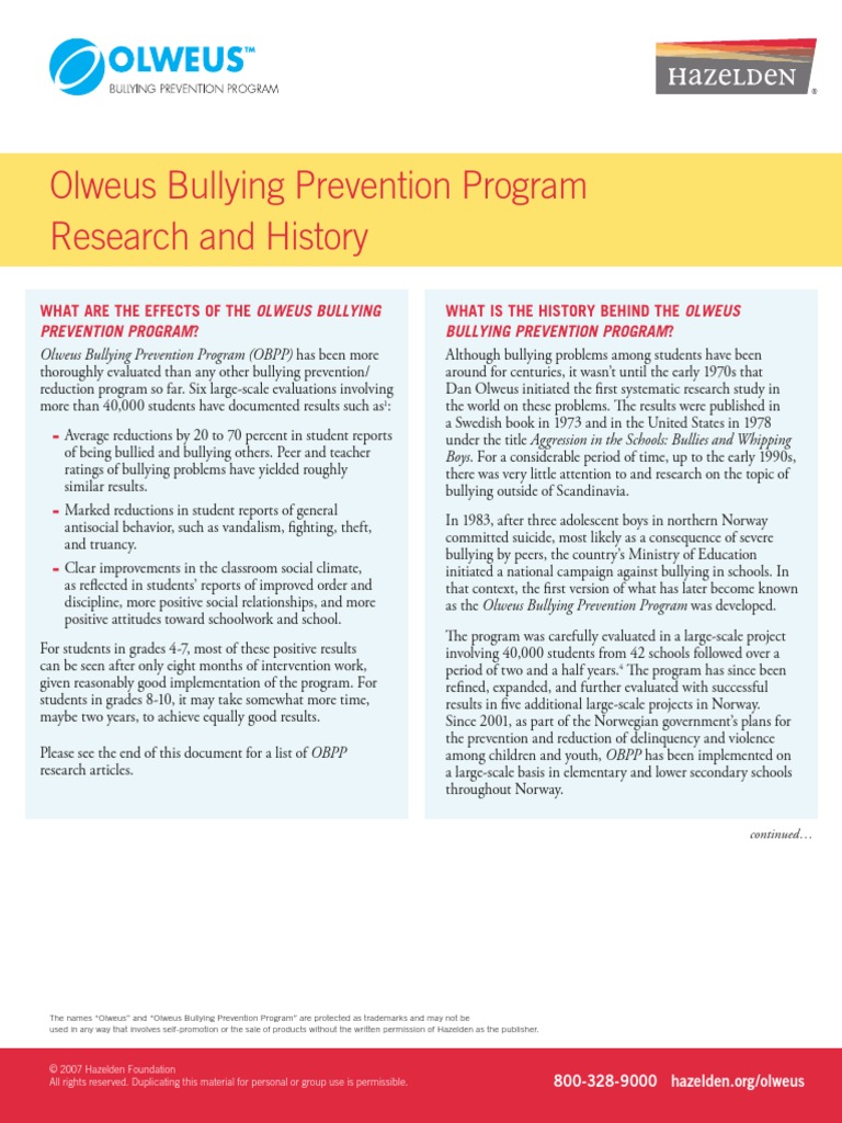 Olweus Research History PDF | PDF | Bullying | Aggression