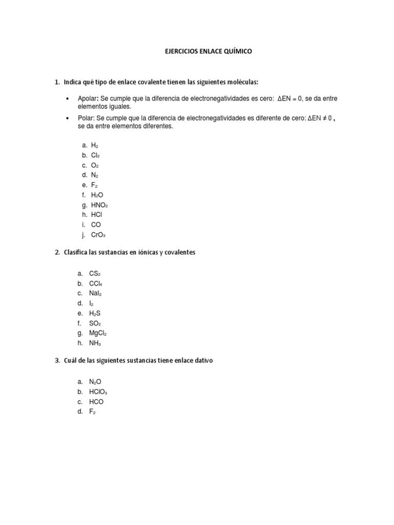 Ejercicios Enlace Quimico Pdf