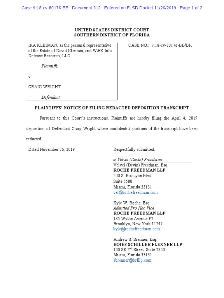 Kleiman v. Wright - Filing 312 - Craig Wright's first deposition on 4 ...