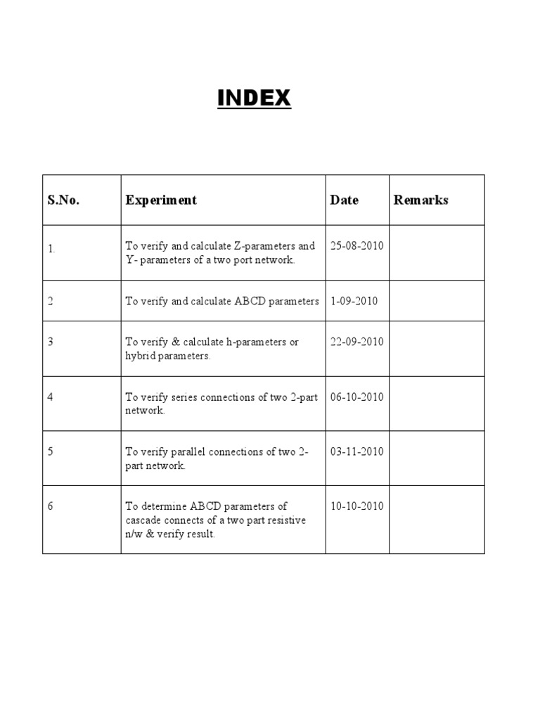 Index: S.No. Experiment Date Remarks | PDF | Electrical Engineering | Physical Quantities