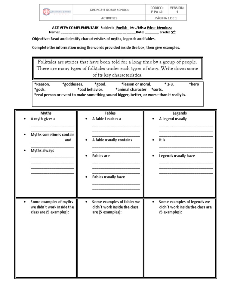 Myths, Legends, and Fables Worksheet | PDF