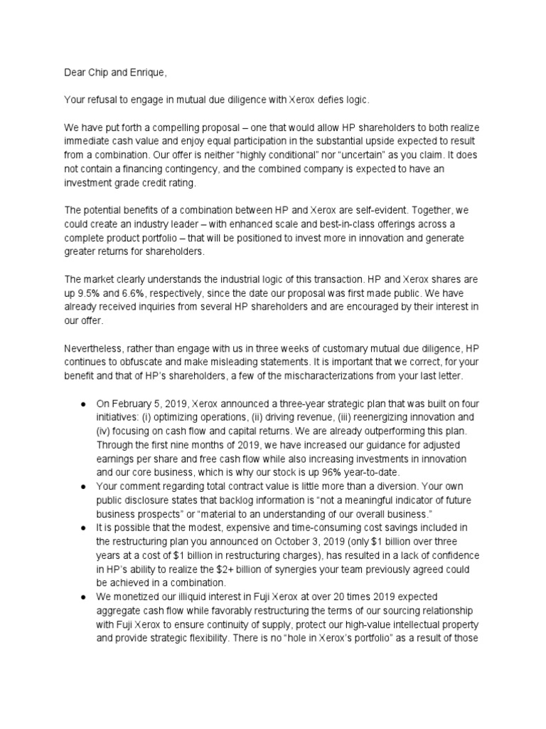 Xerox Hostile Takeover Letter | PDF | Corporations | Investing