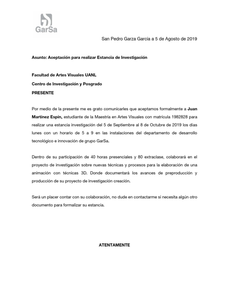 Carta de Aceptación Formato | PDF