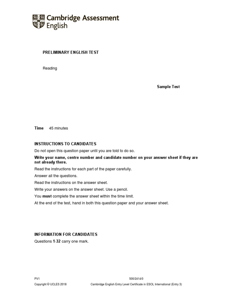B1 Preliminary 2020 Sample Tests Reading - Question Paper PDF | PDF