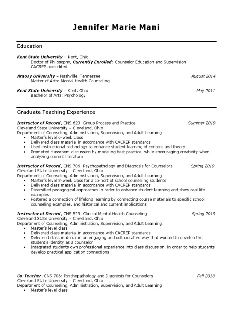 Jennifer Mani CV Fall 2019 Weebly Version | PDF | School Counselor ...