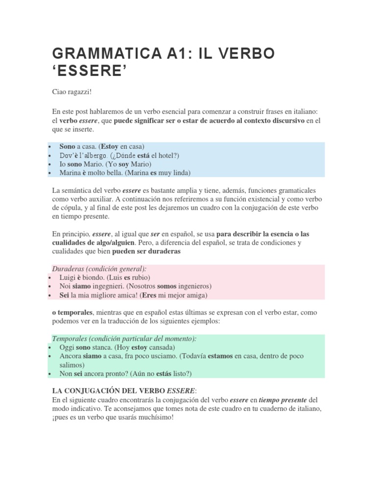 Grammatica A1 - Verbo Essere | PDF