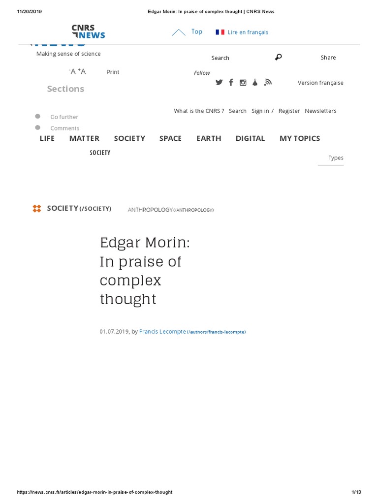 Edgar Morin - in Praise of Complex Thought - CNRS News | PDF | Science ...