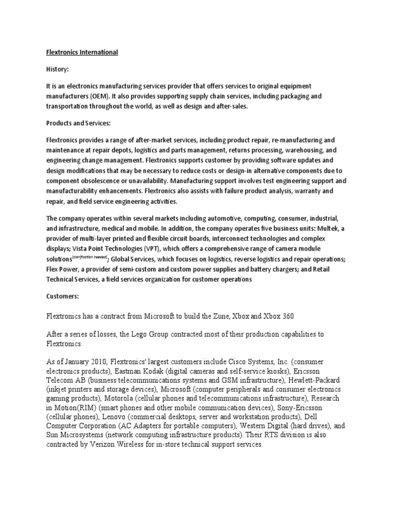 Flextronics: Global Electronics Services | PDF | Mobile Phones | Logistics