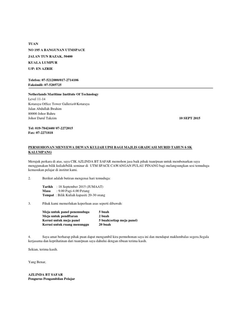 Surat Sewa Dewan Kuliah Upsi Untuk Garduasi Tahun 6 | PDF | Pengelolaan Keuangan & Uang