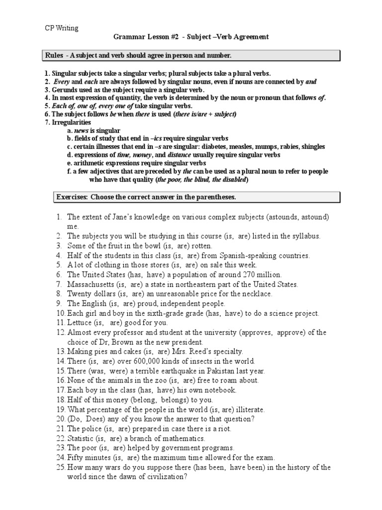 Lesson 2 - Subject - Verb Agreement | PDF | Grammatical Number | Plural