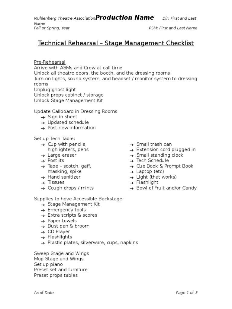 Technical Rehearsal Stage Management Checklist | PDF