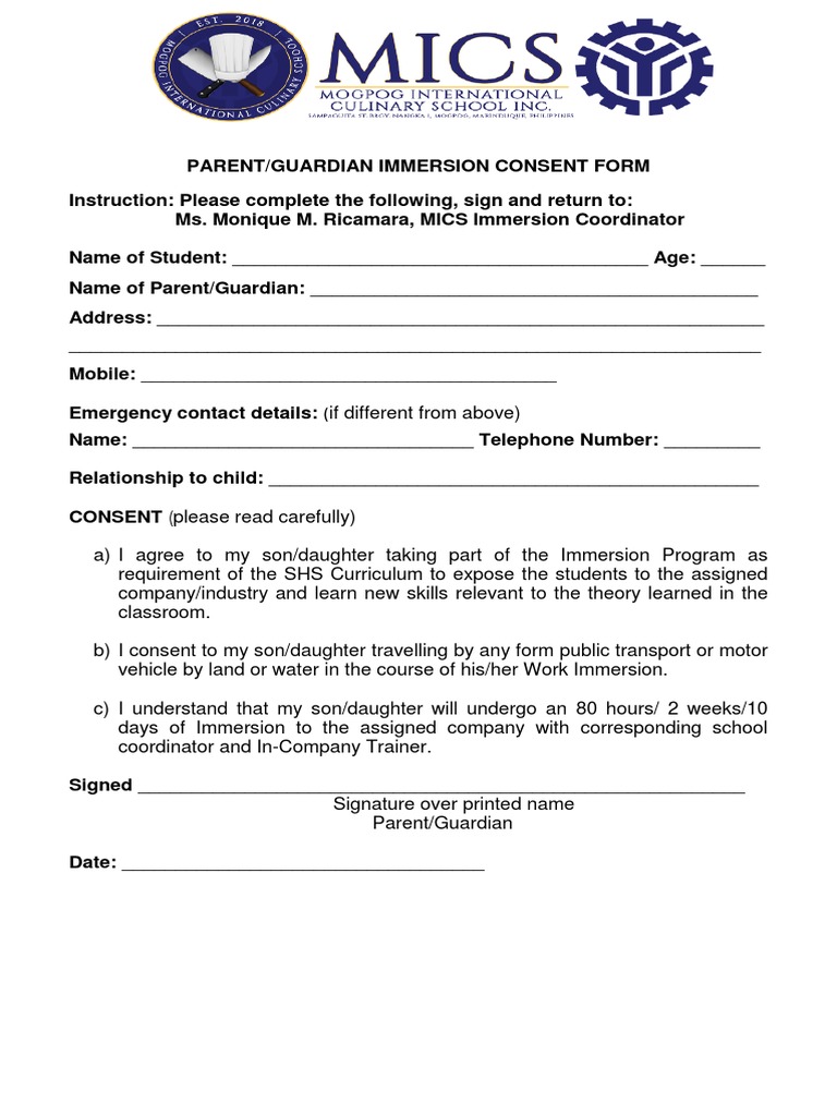 Parent Consent Form for Work Immersion | PDF | Teaching | Cognition