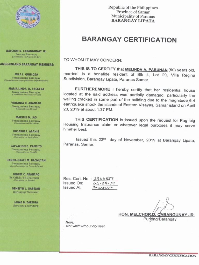 Brgy. Certification Melinda Pabunan | PDF