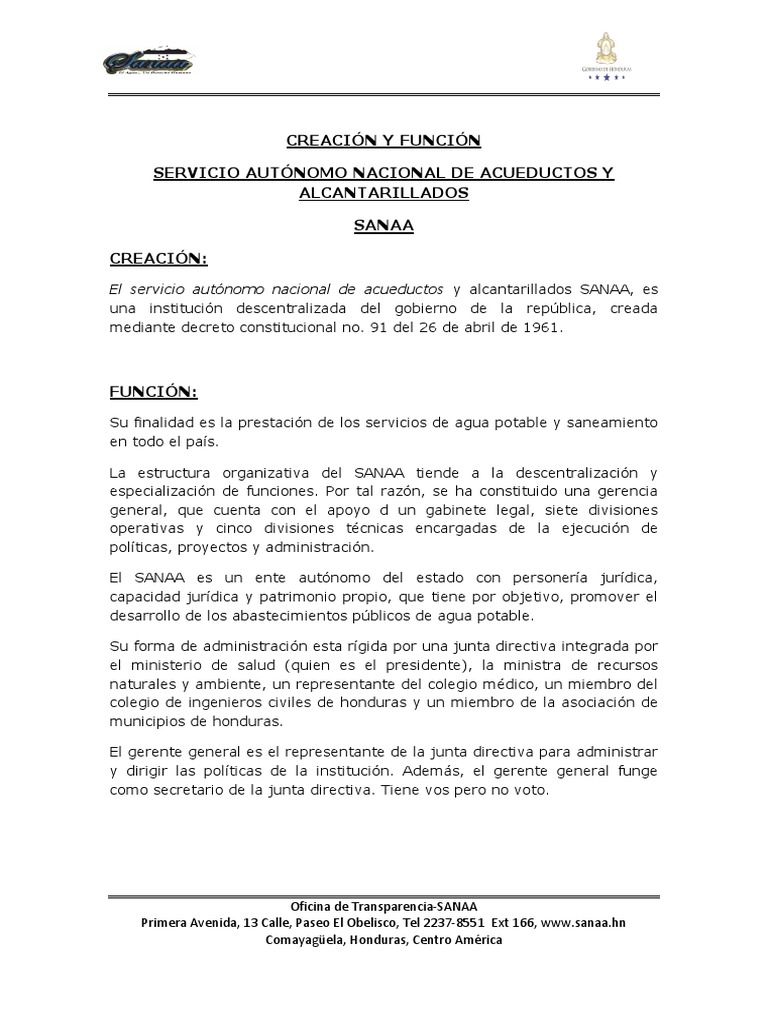 Creación y Función del SANAA en Honduras | PDF | Honduras | Saneamiento