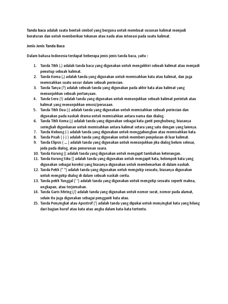 Jenis-Jenis Tanda Baca dalam Bahasa Indonesia dan Fungsinya | PDF
