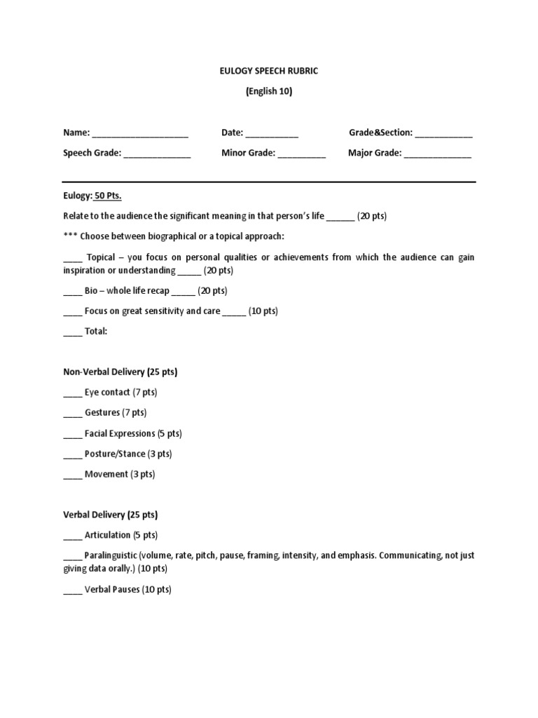 Eulogy Speech Rubric | PDF
