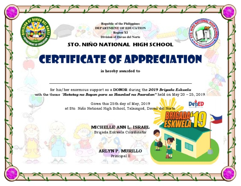 Brigada Eskwela 2019 Cert of Appreciation - Donor | PDF