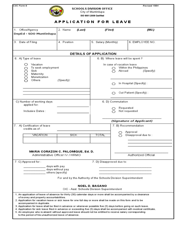 FORM 6 Blank Form For SDO Muntilupa | Download Free PDF | Leave Of ...