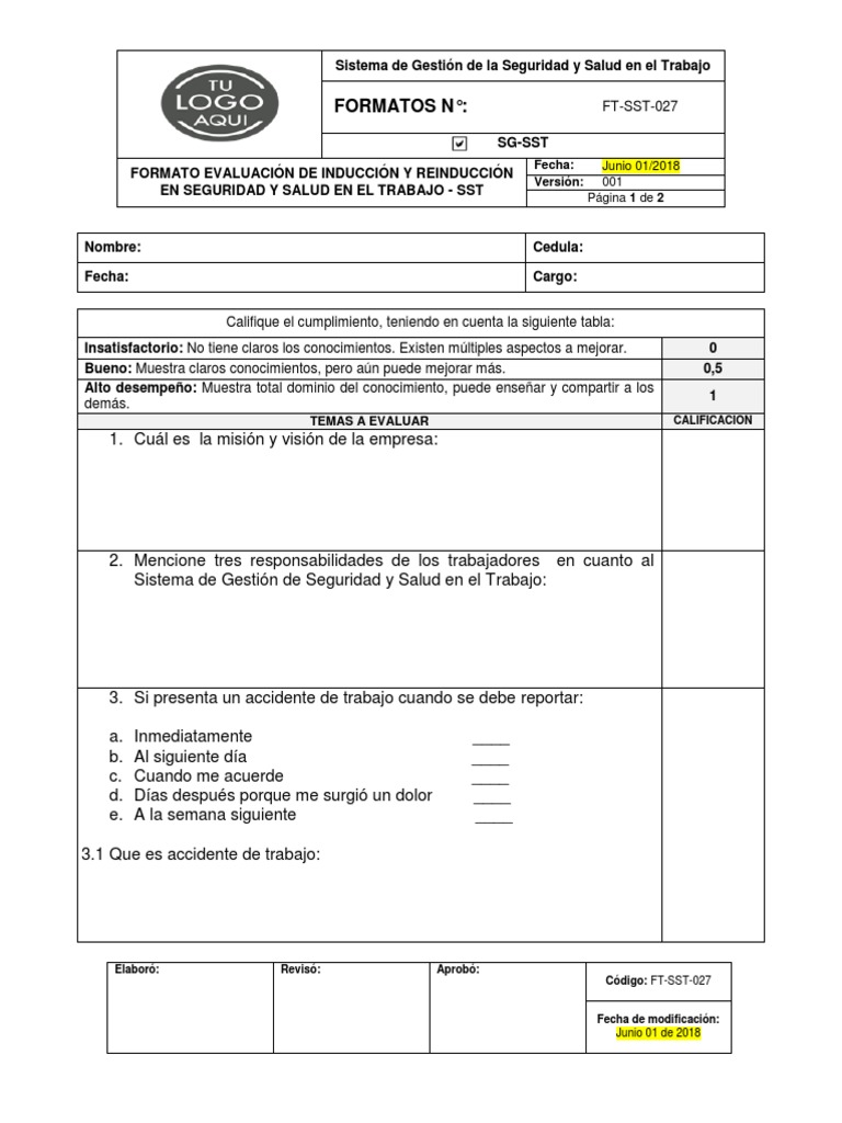 FT-SST-027 Formato Evaluación Inducción y Reinducción de SST | PDF | Business | Negocios