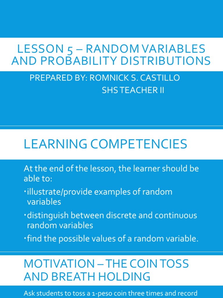 Lesson 5 - RANDOM VARIABLES AND PROBABILITY DISTRIBUTIONS | PDF ...