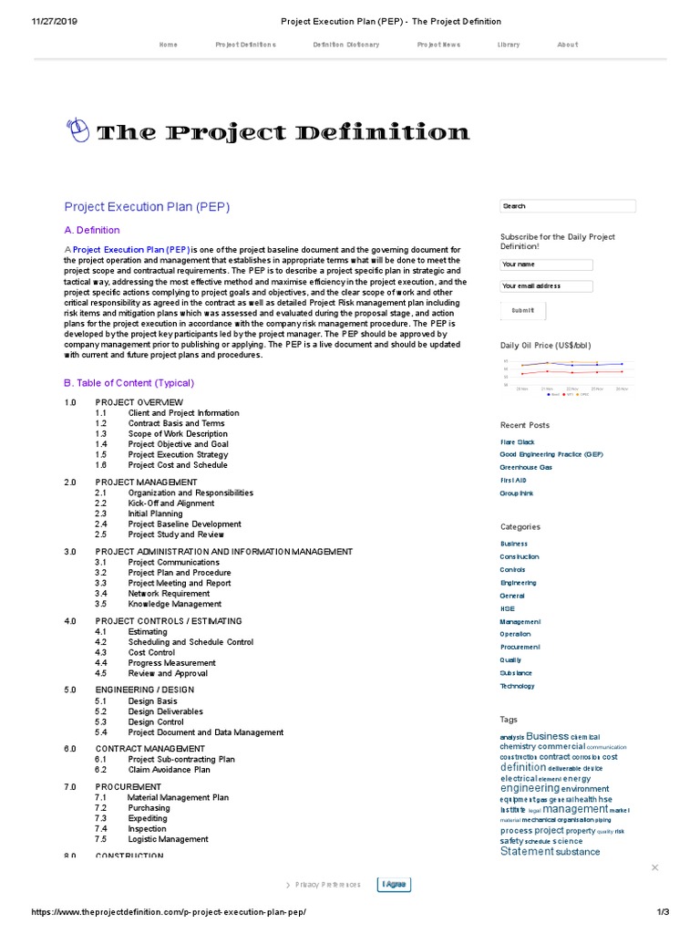 Project Execution Plan Pep The Project Definition27112019 Pdf