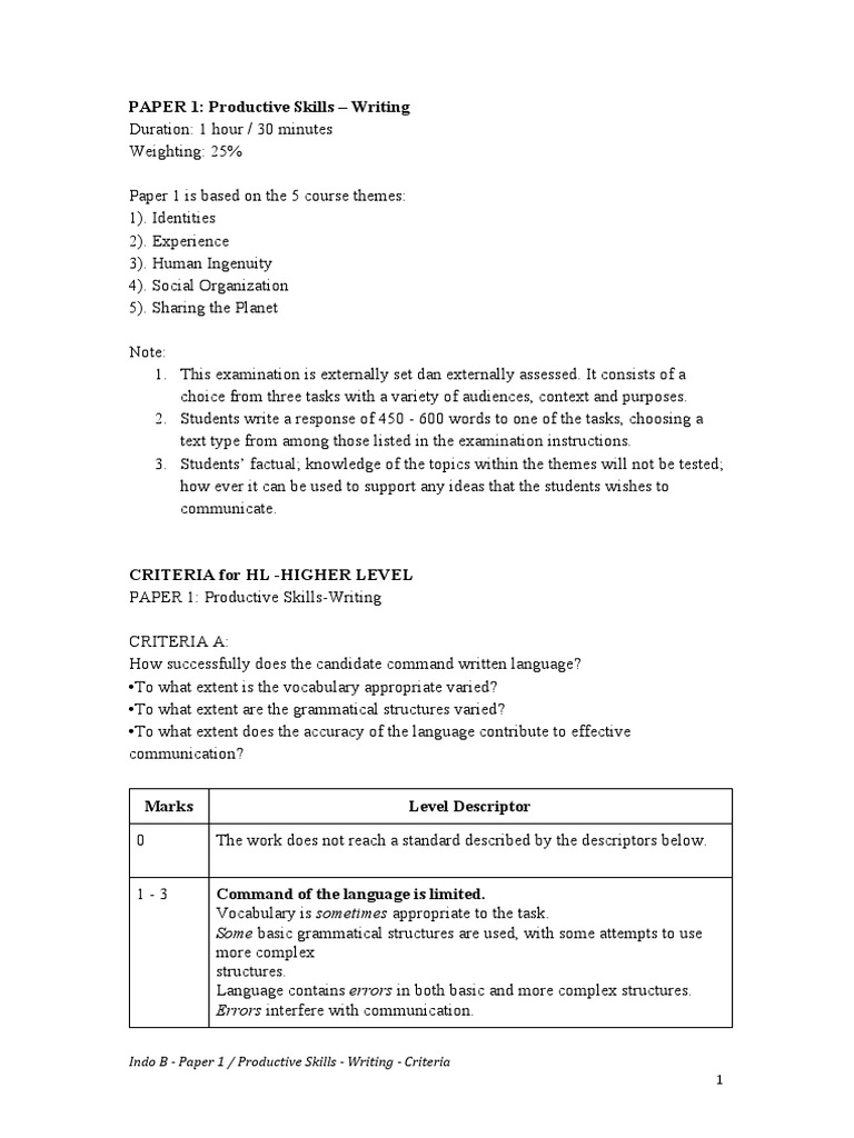 Paper 1 Criteria in Details HL SL | PDF | Vocabulary | Test (Assessment)