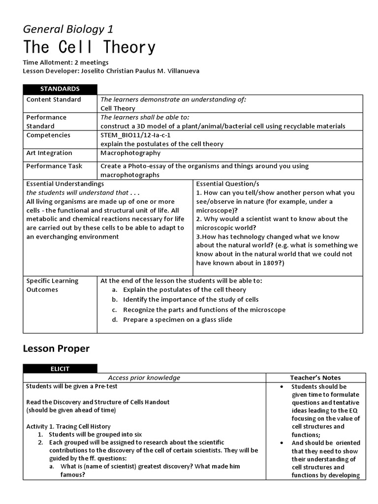 Cell Theory Lesson Plan for Grade 11 | PDF | Microscopy | Microscope