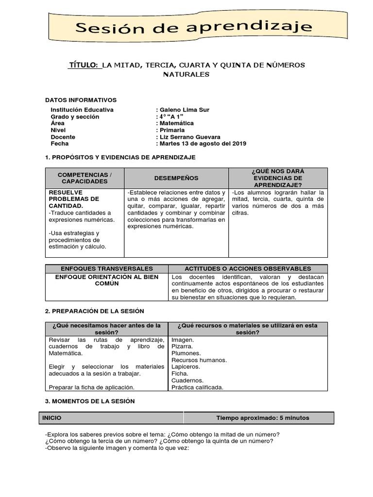 Sesion de Aprendizaje de Matematica - Agosto1 | PDF | Aprendizaje | Maestros
