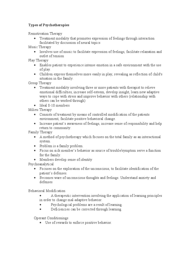 Types of Psychotherapies | PDF | Psychotherapy | Psychiatry