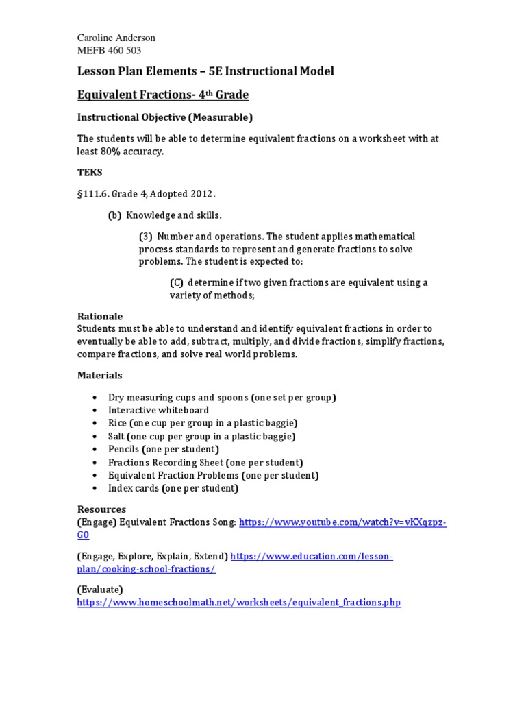 Math 5e Lesson Plan | PDF | Fraction (Mathematics) | Cognition