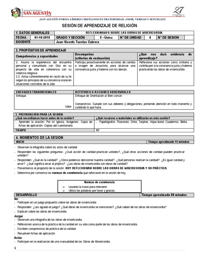 Sesión Religión - Reflexionamos Sobre Las Obras de Misericordia | Descargar gratis PDF ...