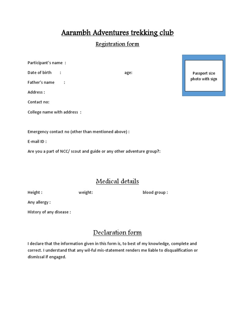 Aarambh Adventures Trekking Registration Form | PDF