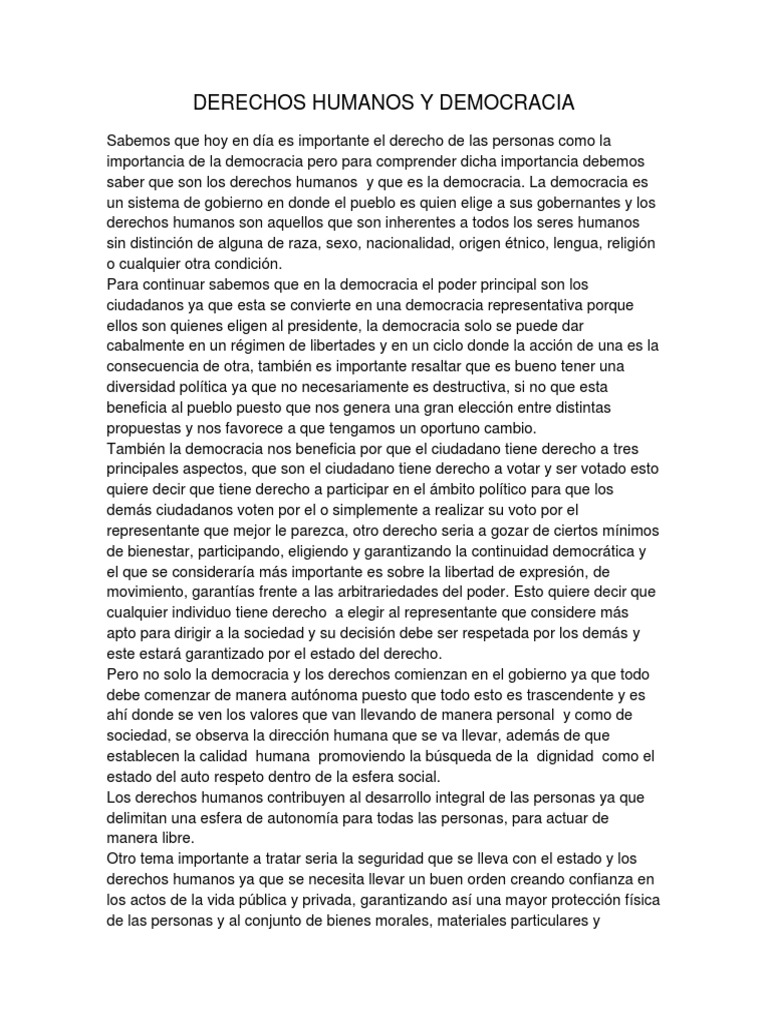 Ensayo Derechos Humanos y Democracia | PDF | Democracia | Ideologías políticas