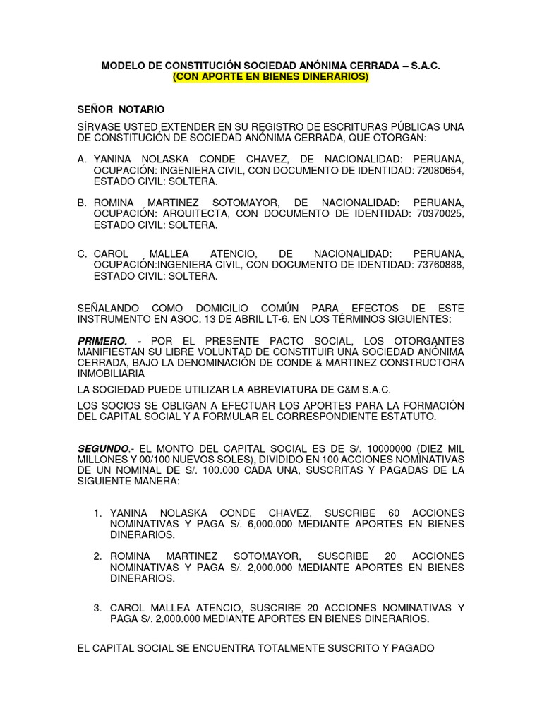 Modelo de Constitución Sociedad Anónima Cerrada | PDF | Conceptos legales | Empresas