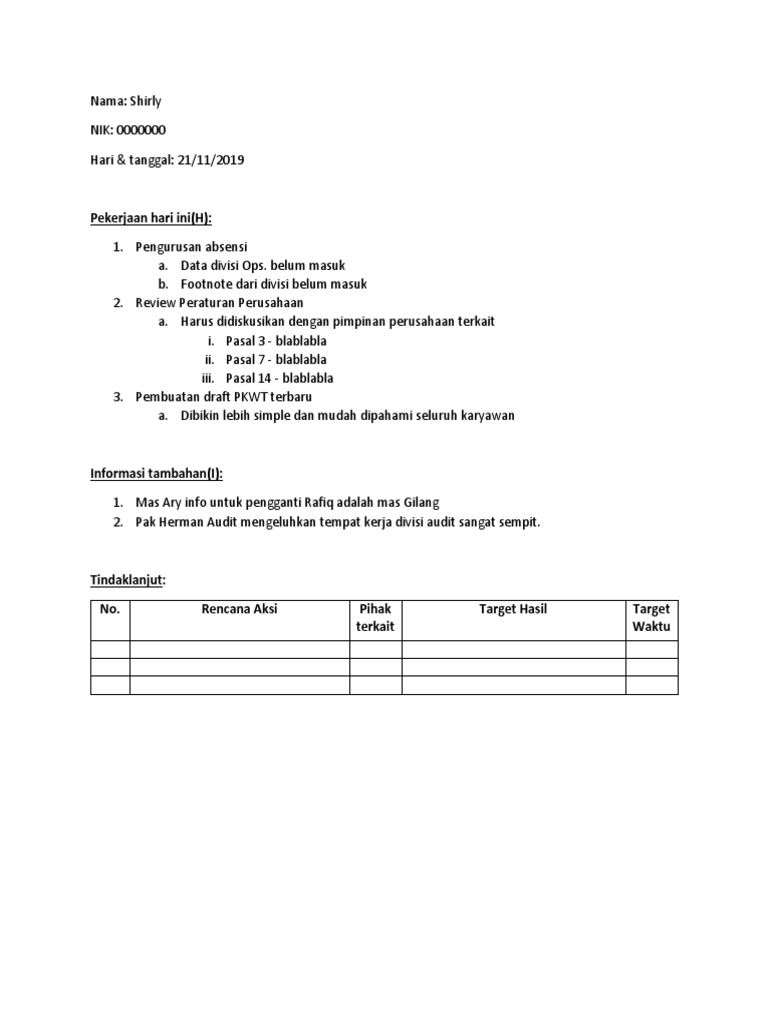 Contoh Daily Report Karyawan Pdf