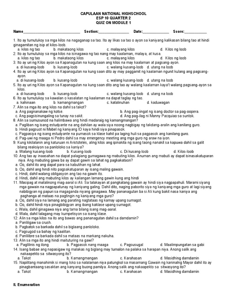 Esp 10 Quarter 2 Module 1 Quiz | PDF