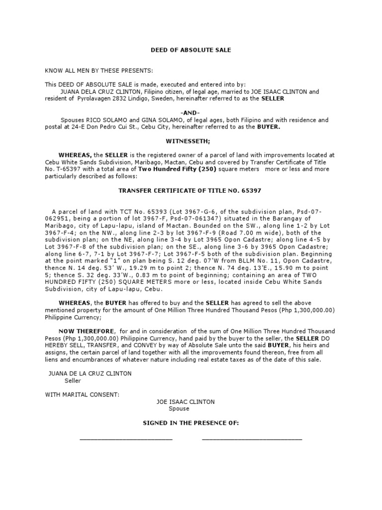 Deed of Absolute Sale | PDF | Law And Economics | Property